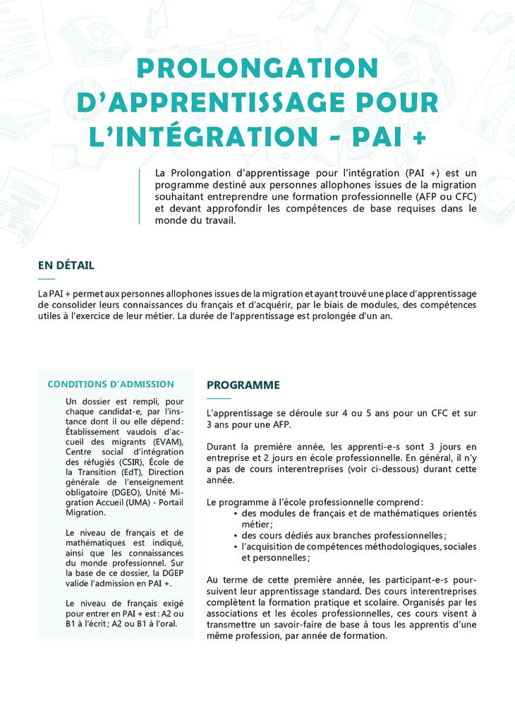 Prolongation d'apprentissage pour l'intégration - PAI - CPNV